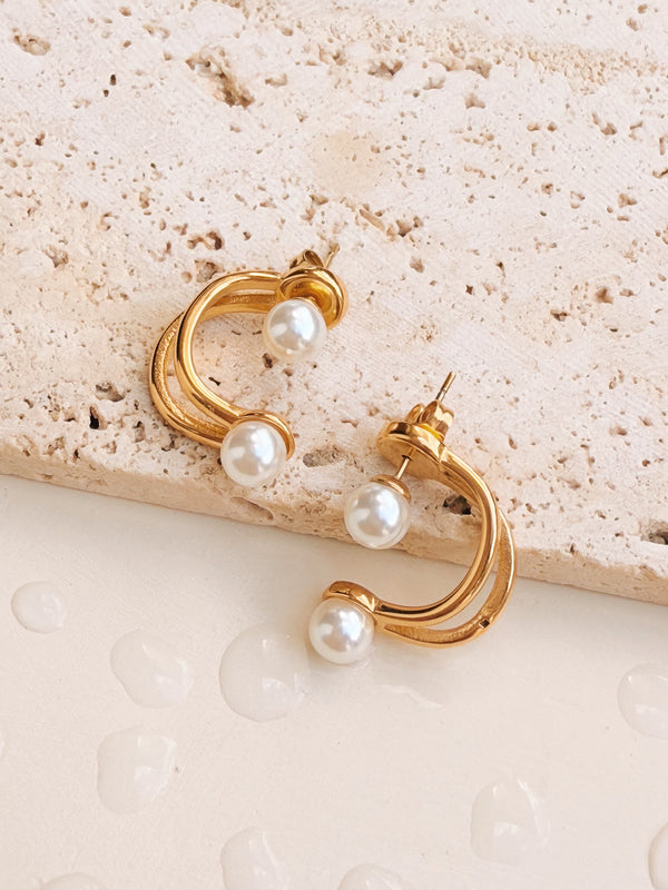Divine Double Layer Round Pearl Stud C-Shaped Double Hoops Floating Pe ...